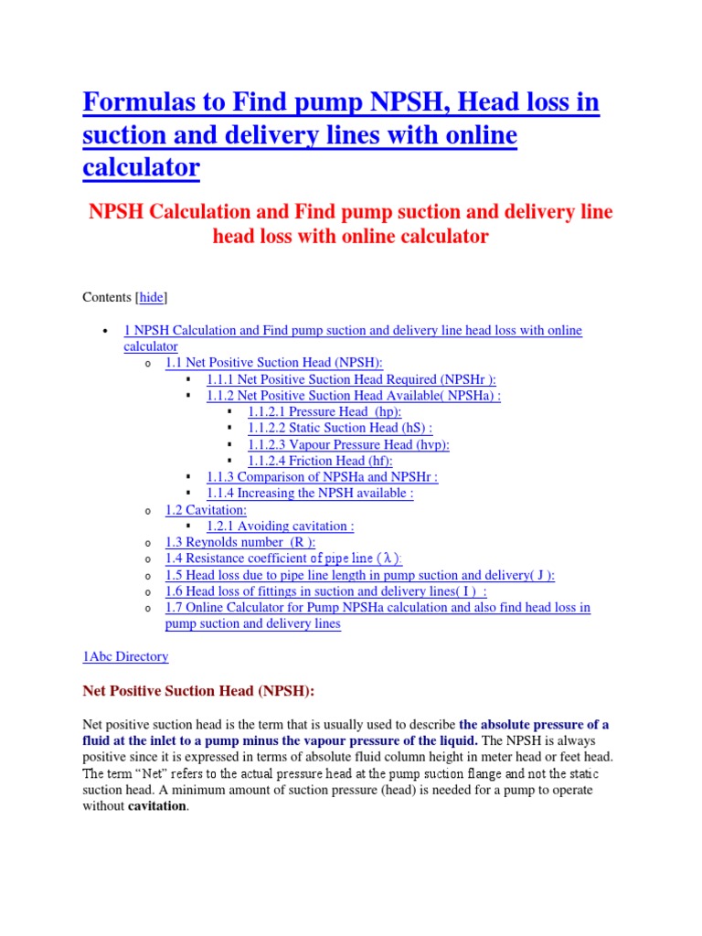 Pump NPSHa and Suction and Delivery Line Head Loss Calculation | PDF ...