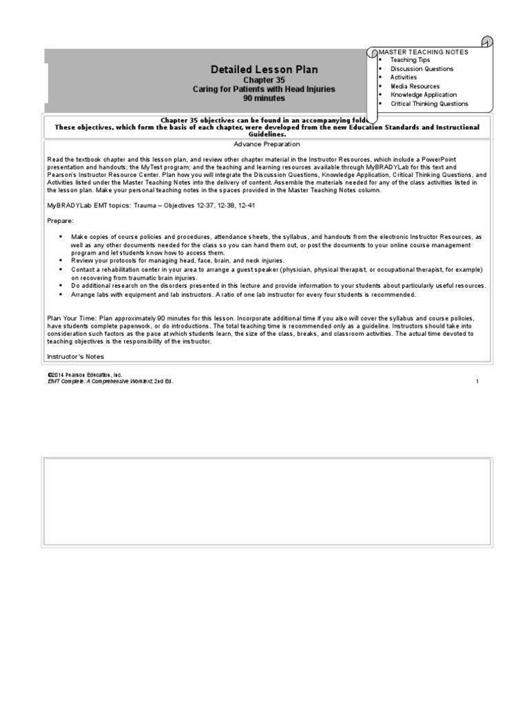 Detailed Lesson Plan: Caring For Patients With Head Injuries 90 Minutes ...