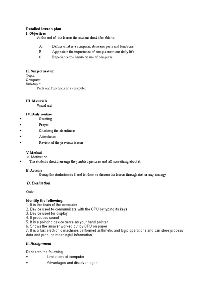 Detailed Lesson Plan - Computer Hardware | PDF | Lesson Plan | Central ...
