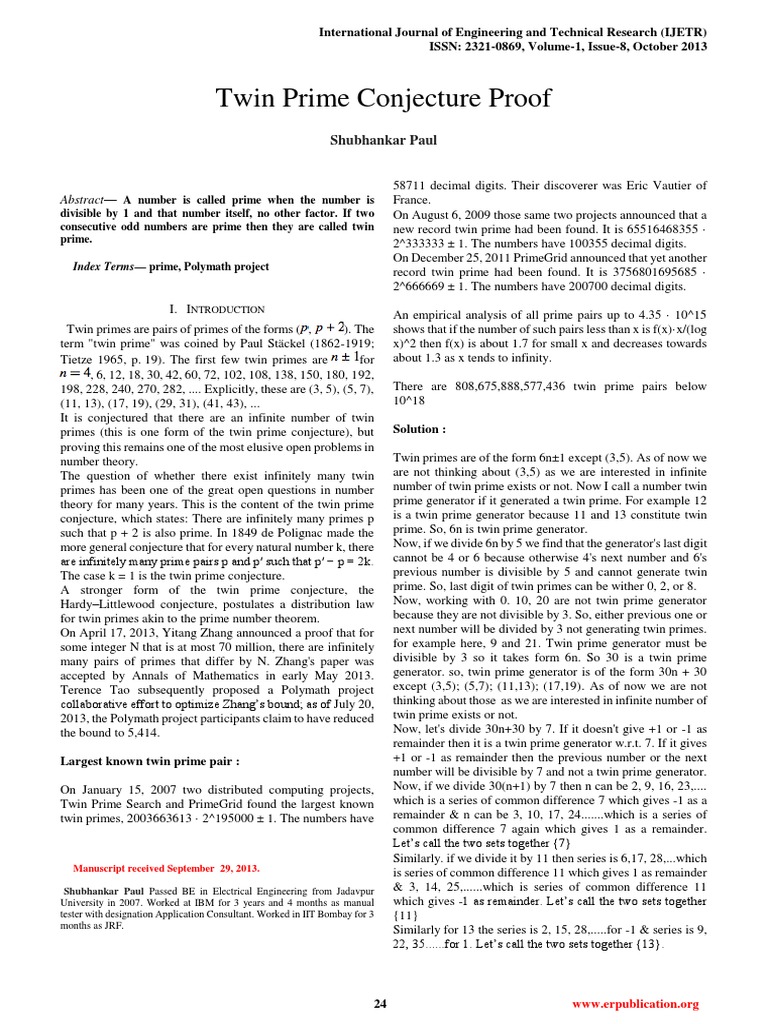Twin Prime Conjecture Proof: Shubhankar Paul | PDF | Prime Number ...