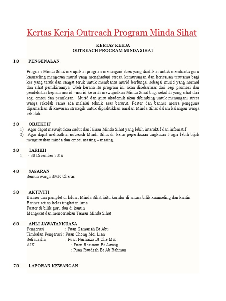 Kertas Kerja Outreach Program Minda Sihat | PDF