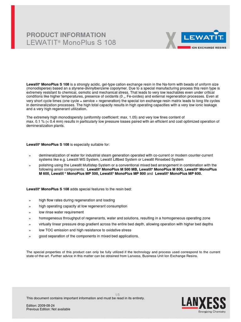 Lewatit Monoplus S108 | PDF | Ion Exchange | Ion