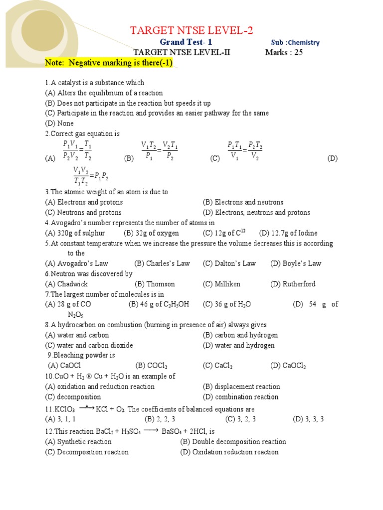 Grand Test 1 | PDF | Chemical Reactions | Hydrogen