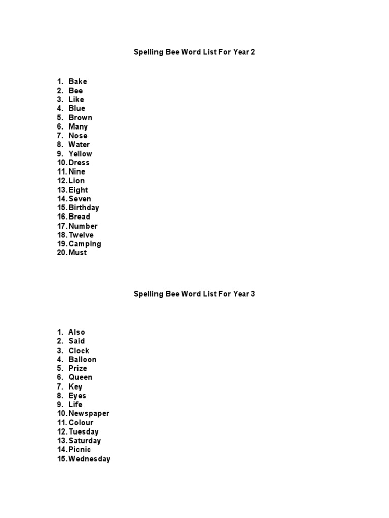 Spelling Bee Word List For Year 2 | PDF | Home & Garden