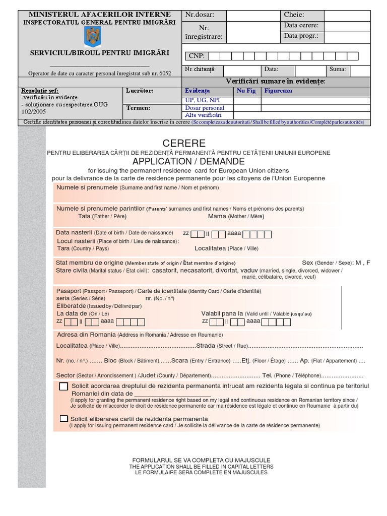 17 - Cerere Carte Rezidene Permanent UE | PDF