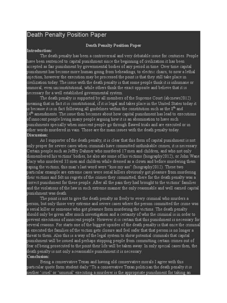 Death Penalty Position Paper | PDF | Capital Punishment | Punishments