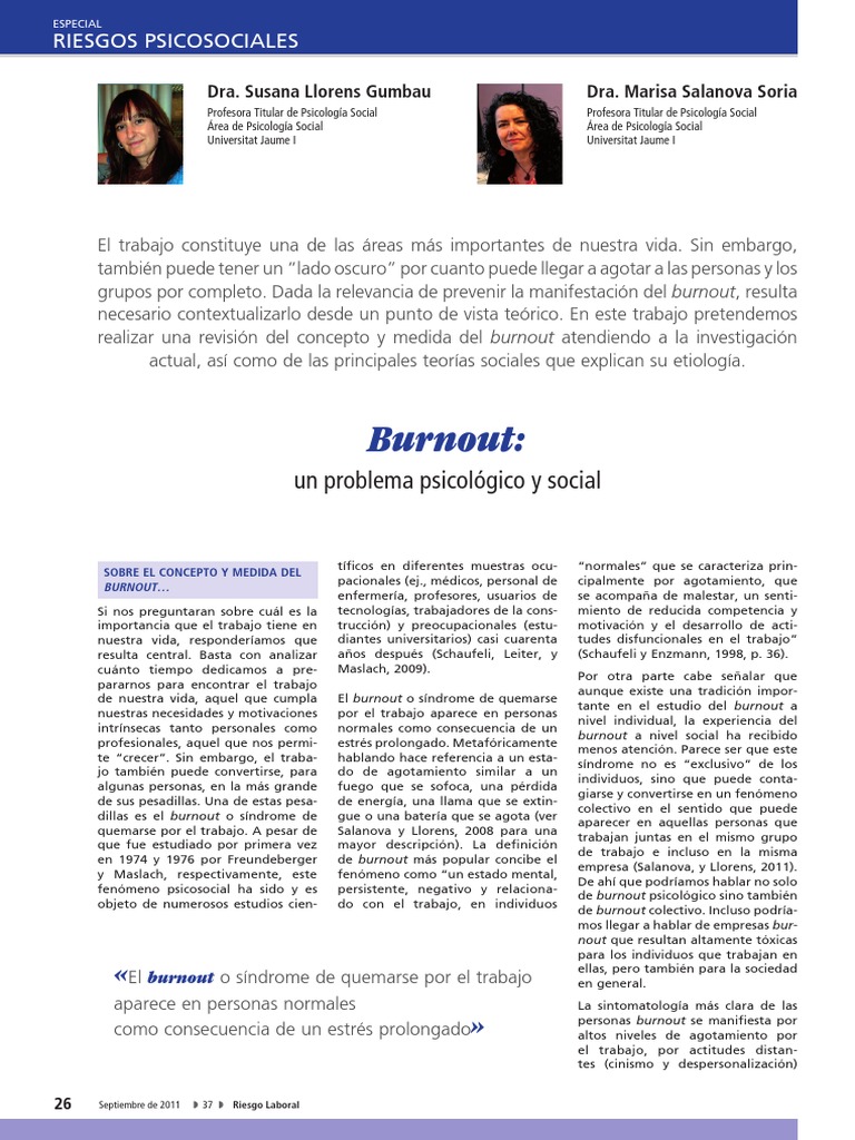 Riesgos psicosociales: Burnout, un problema psicológico y social | PDF | Burnout ocupacional ...