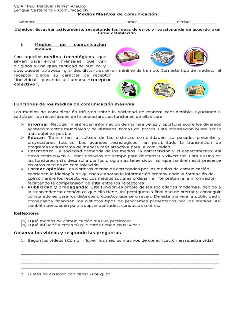 Guia Actividades Clase 2 Nivelación Medios Masivos de Comunicación | Medios de comunicación ...