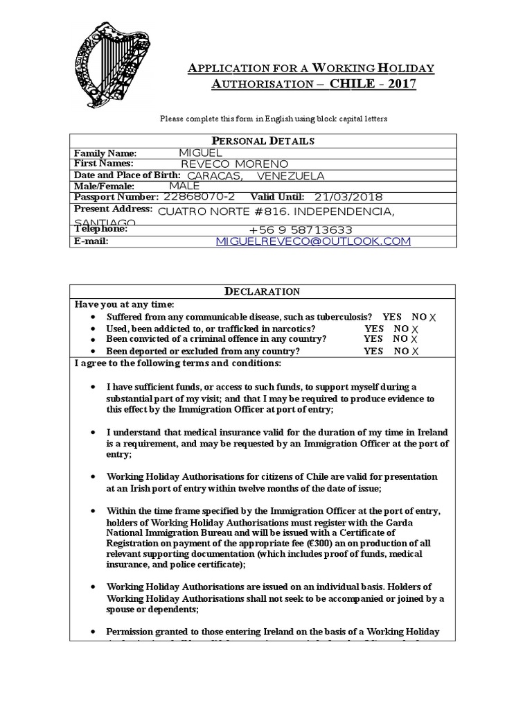 Chile Working Holiday Application Form | PDF | Passport | Government