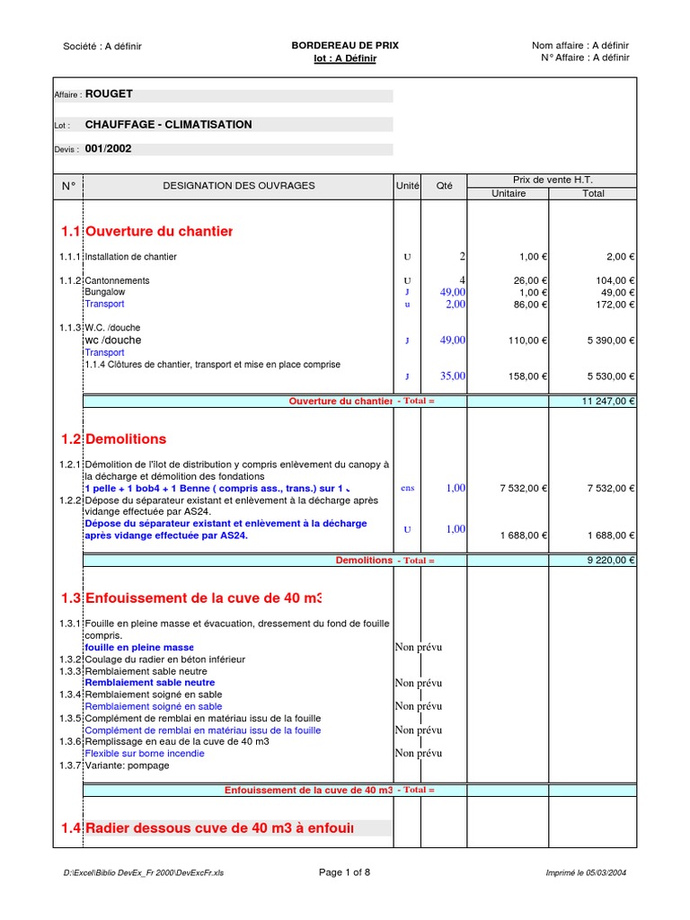 BTP - Exemple Devis | Éléments architecturaux | Matériaux de construction