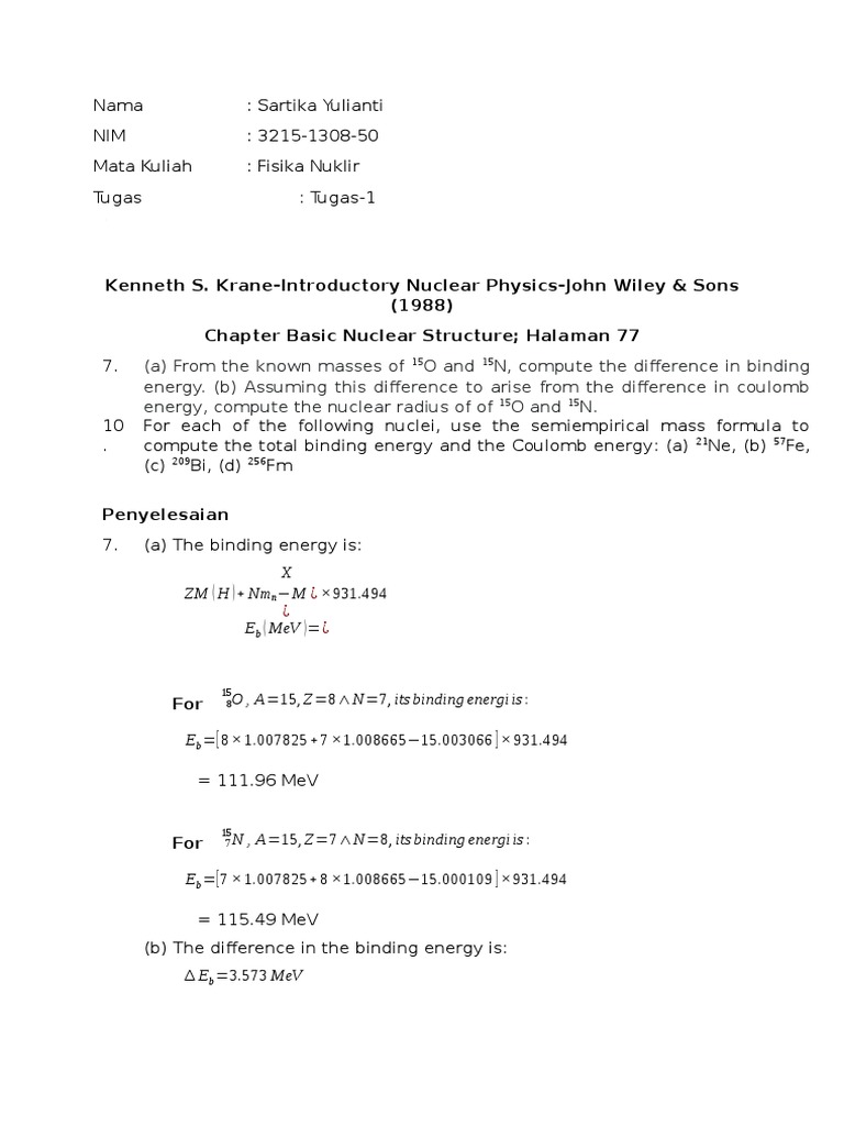 Fisiska Nuklir-Tugas 1-Sartika Yulianti | PDF | Binding Energy | Electronvolt