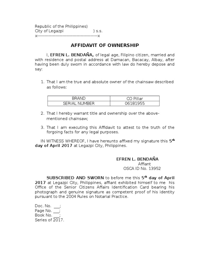 Affidavit of Ownership Chainsaw | PDF