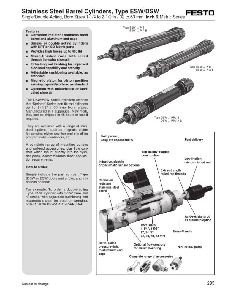 Stainless Steel Barrel Cylinders ESW/DSW | PDF | Piston | Screw
