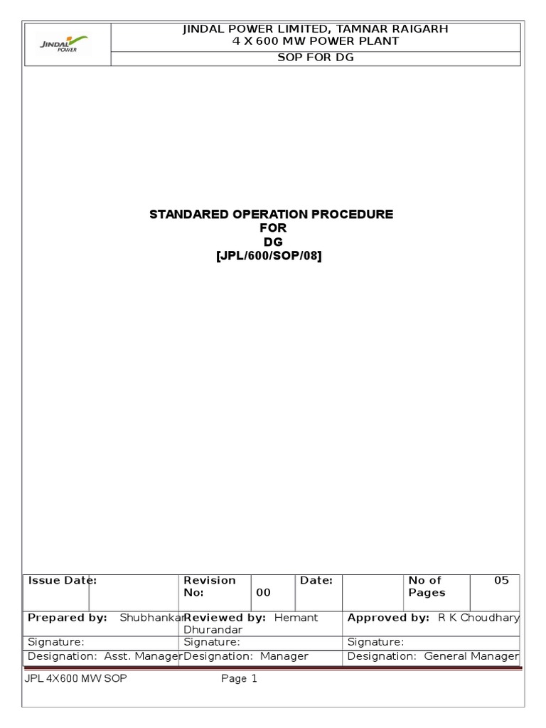 Sop DG | PDF | Power Station | Vehicle Parts