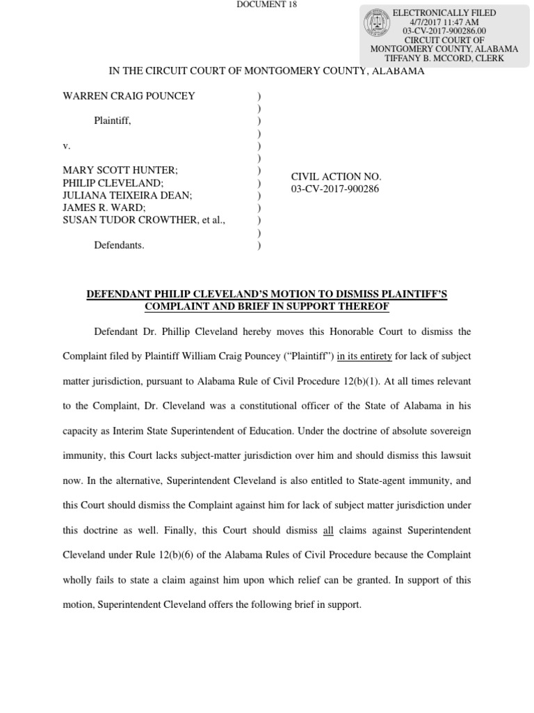 Deputy Superintendent Dr. Philip Cleveland: Motion To Dismiss Pouncey ...