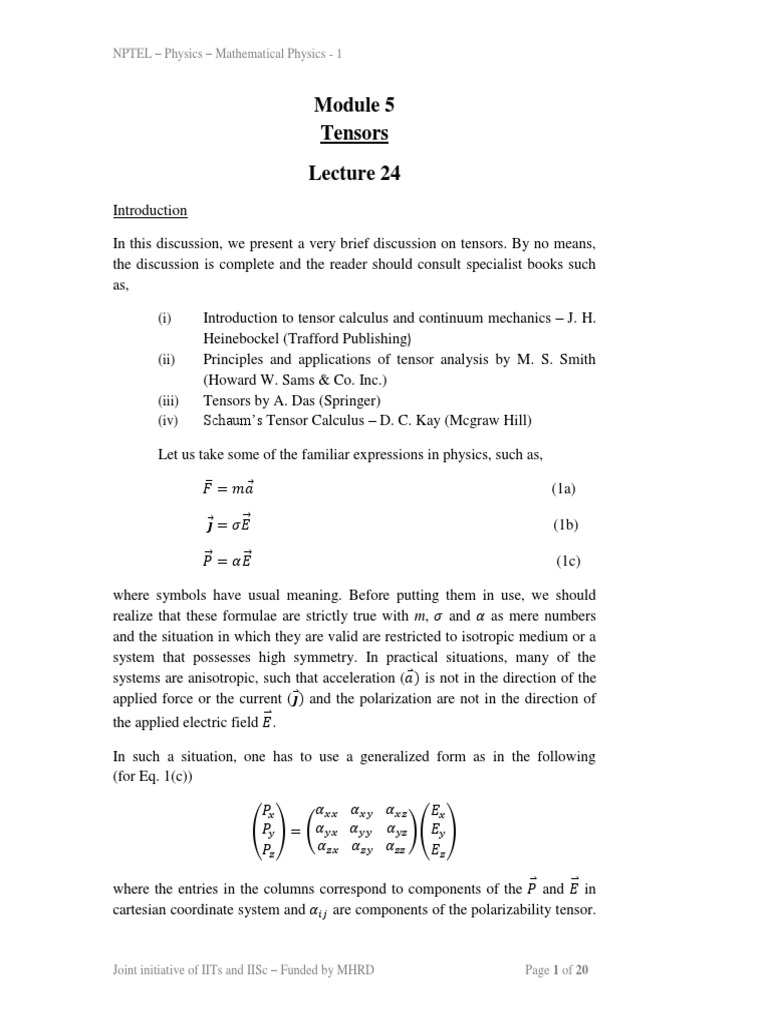 Tensors: NPTEL - Physics - Mathematical Physics - 1 | PDF | Tensor ...