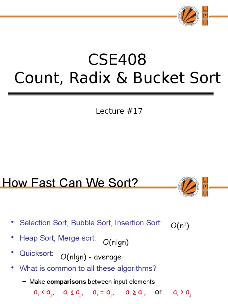 Lecture17!17!17458 Count, Radix and Bucket | PDF | Discrete Mathematics | Algorithms