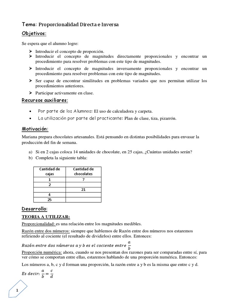 Proporcionalidad Directa e Inversa | PDF | Enseñanza de matemática ...