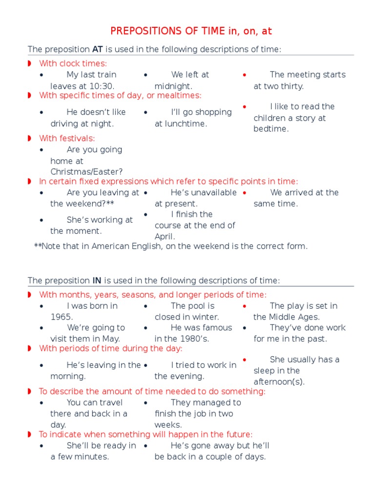Prepositions of Time | PDF