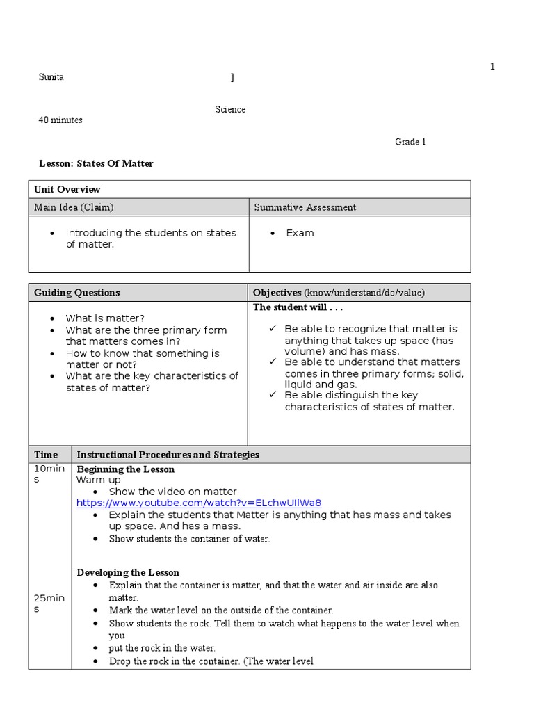 1st Lesson Plan States of Matter | PDF | Matter | Educational Assessment
