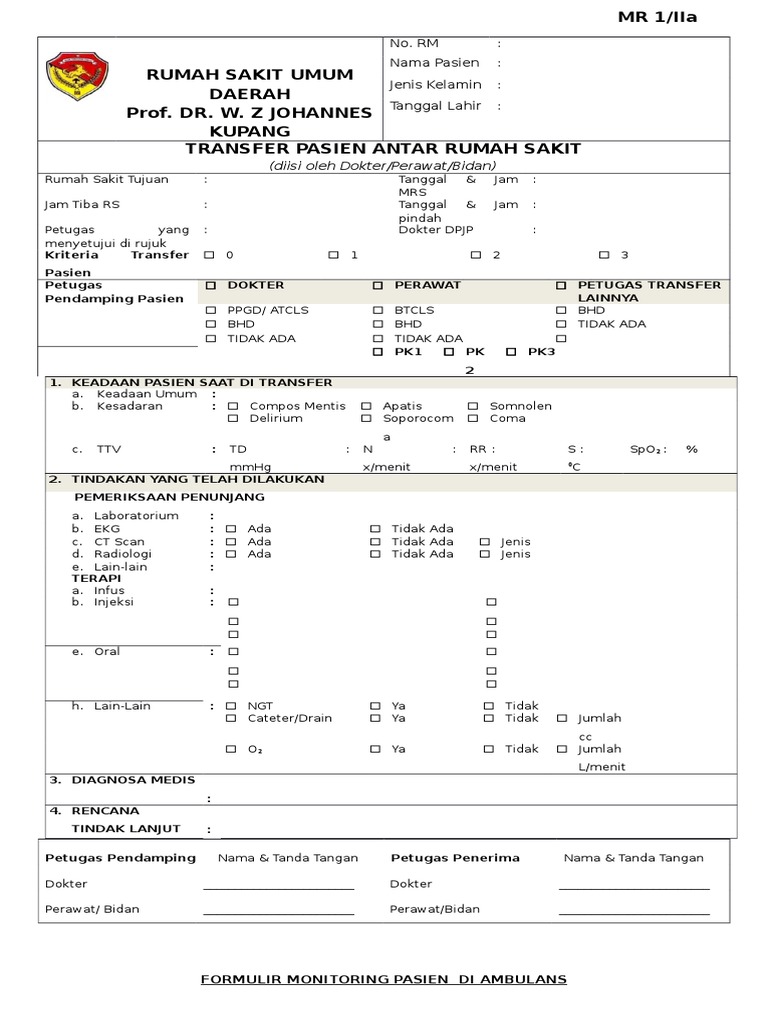 Form Transfer Pasien Antar Rumah Sakit | PDF