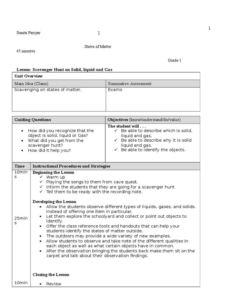 States of Matter Scavenger Hunt for Kids | PDF | Educational Assessment ...