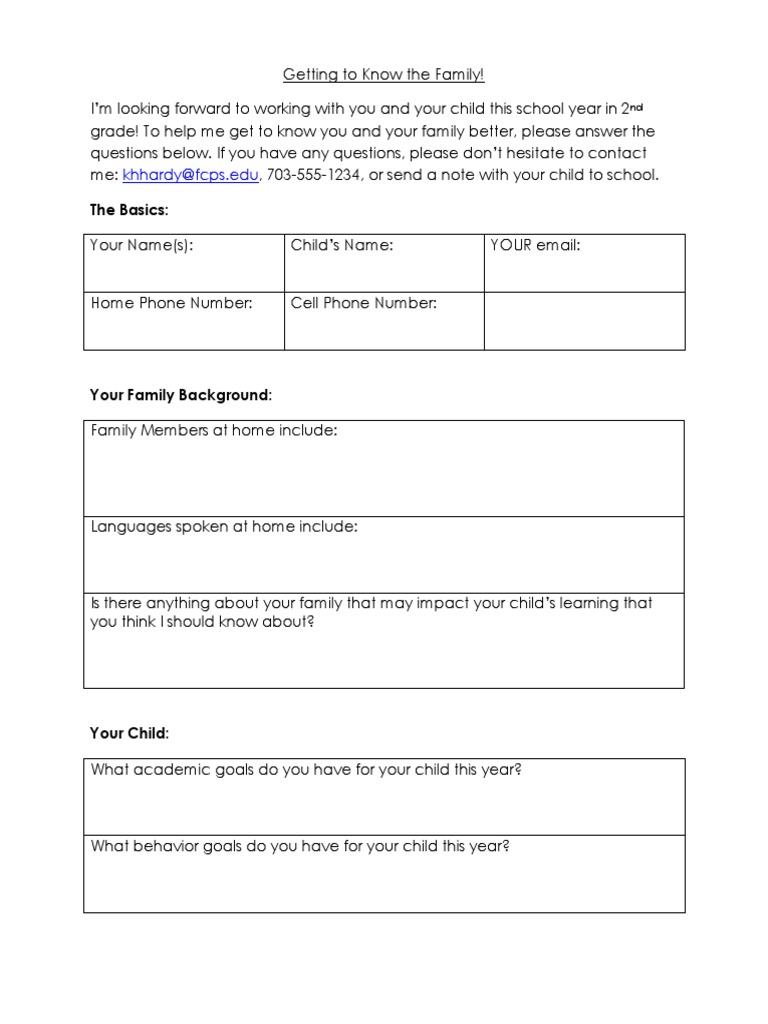 Family Questionnaire for 2nd Graders | PDF | Cognition | Semiotics