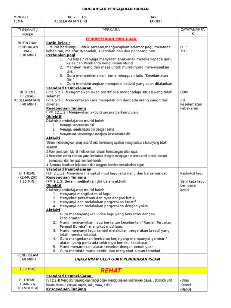 RPH Minggu 10 - Keselamatan Diri | PDF