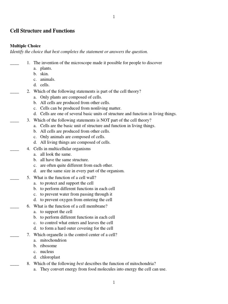 Practice Test Ch. 3 Cell Structure & Function | PDF | Cytoplasm | Cell ...
