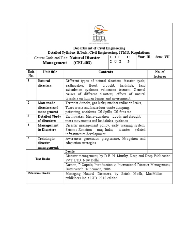 Syllabus Natural Disaster Management CEL 403 | PDF | Politics ...