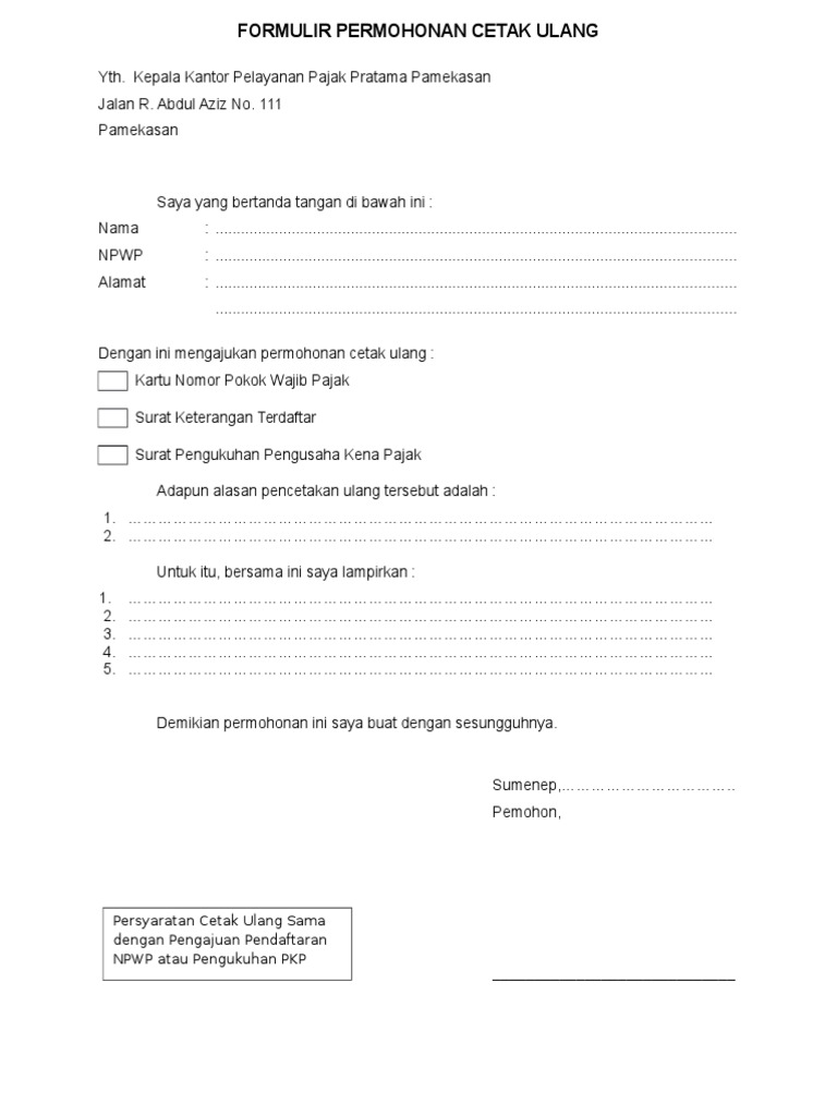 Formulir Permohonan Cetak Ulang NPWP | PDF | Pengelolaan Keuangan & Uang