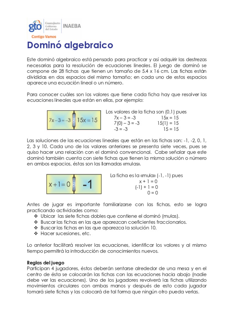 Dominó Algebraico: Juego de Ecuaciones | PDF | Ecuaciones | Objetos ...