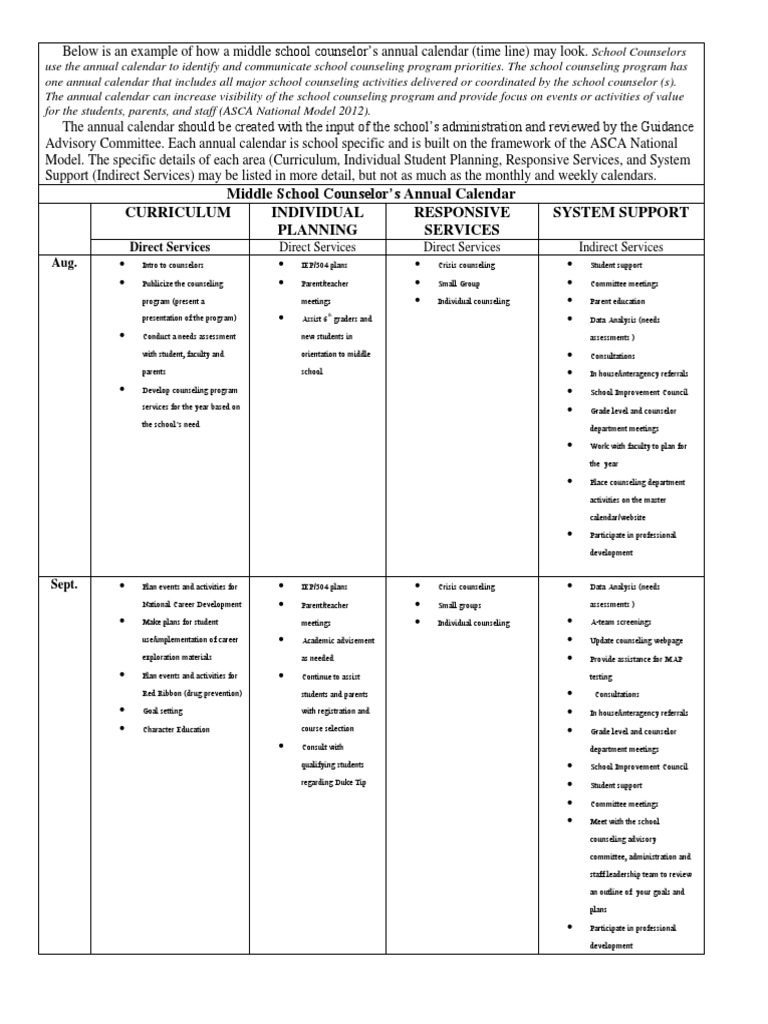 Middle School Counselor Annual Calendar | PDF | School Counselor ...