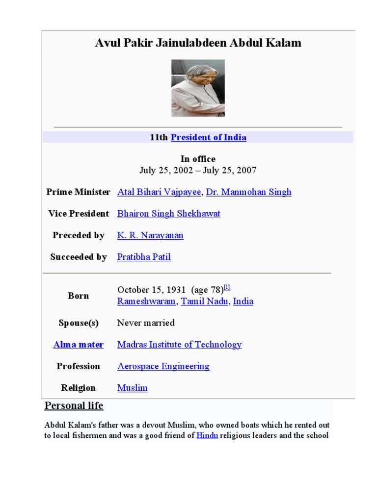 Avul Pakir Jainulabdeen Abdul Kalam | PDF | Religion And Belief