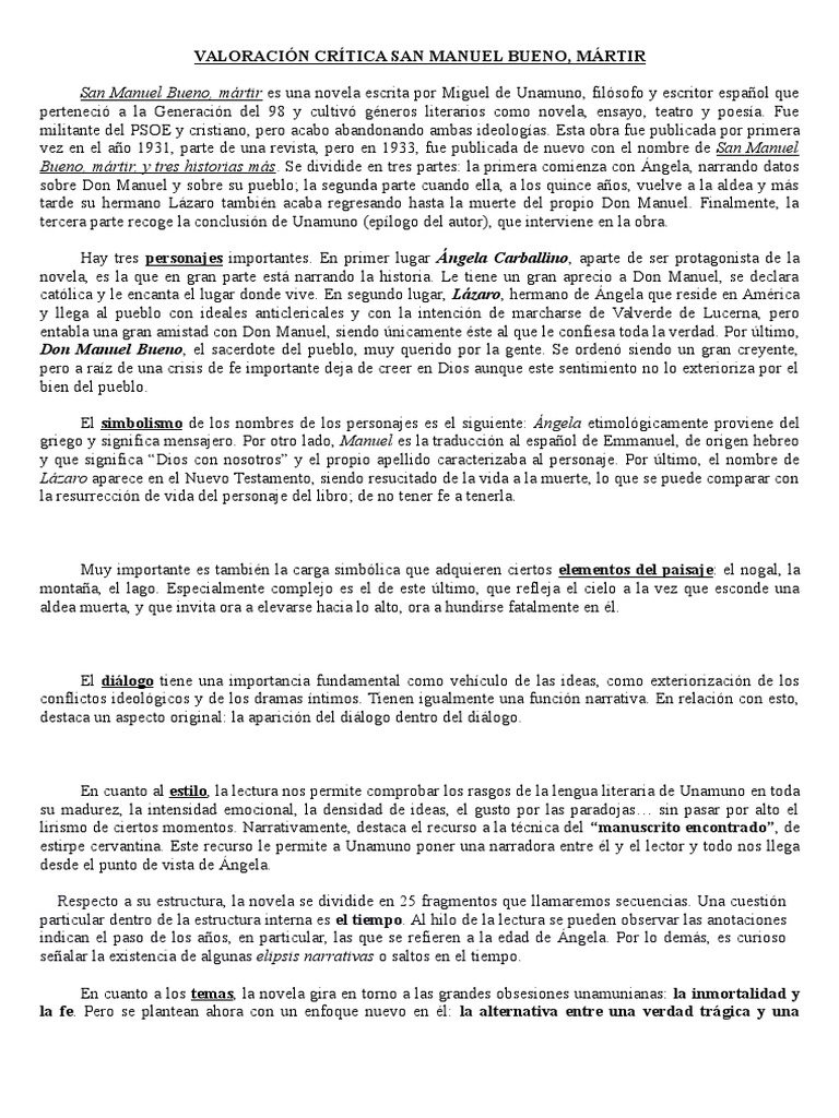 Valoración crítica de San Manuel Bueno | PDF