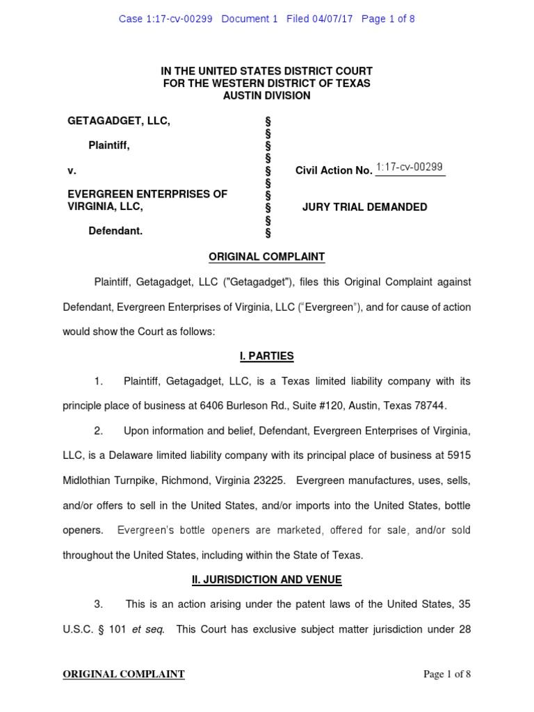 Patent Infringement Case: Getagadget vs. Evergreen | PDF | Diversity ...