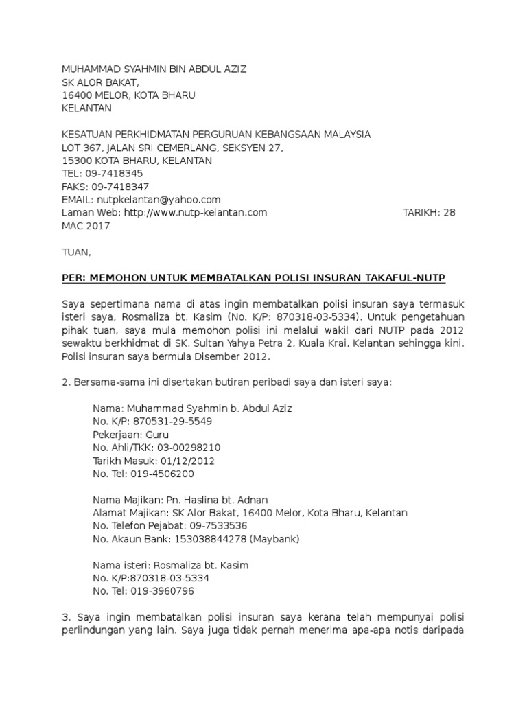 Surat Pembatalan Insuran Takadul-NUTP