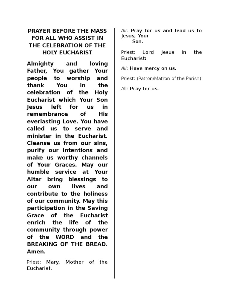 Prayer Before The Mass For All Who Assist in The Celebration of The ...