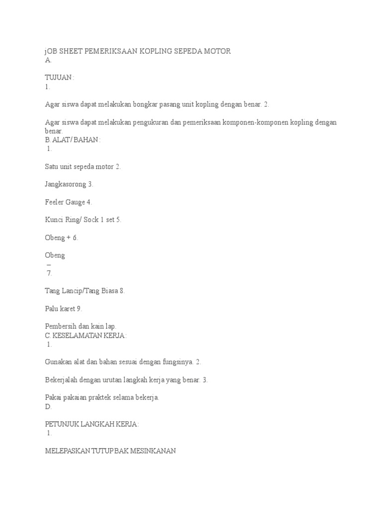 Job Sheet Pemeriksaan Kopling Sepeda Motor | PDF