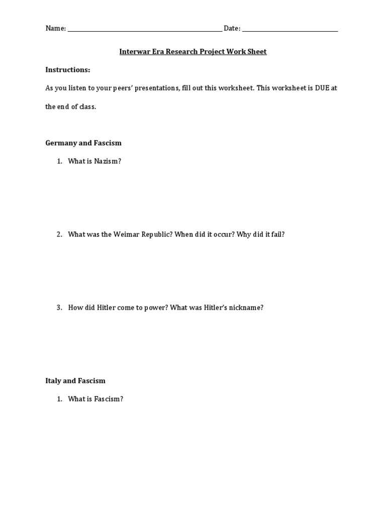 Interwar Era Research Project Worksheet | PDF | History
