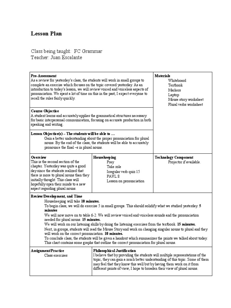 Lesson Plan Tuesday Plural Nouns | PDF | Plural | Noun