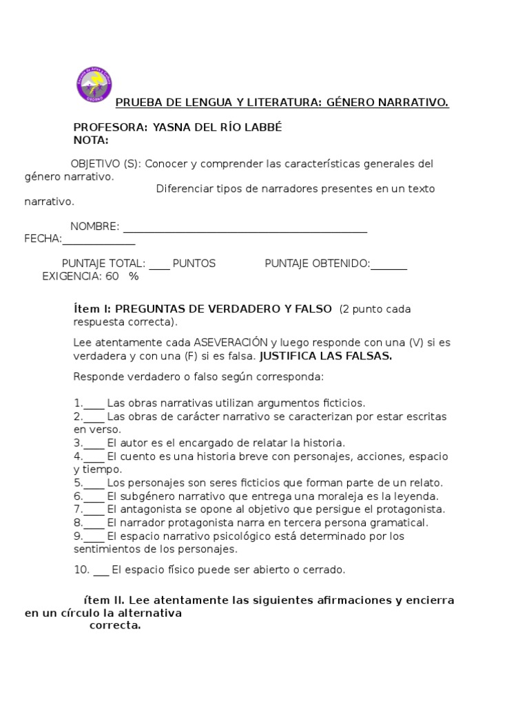 Evaluacion Septimo Basico | Descargar gratis PDF | Narración Evaluacion Septimo Basico | Descargar gratis PDF | Narración