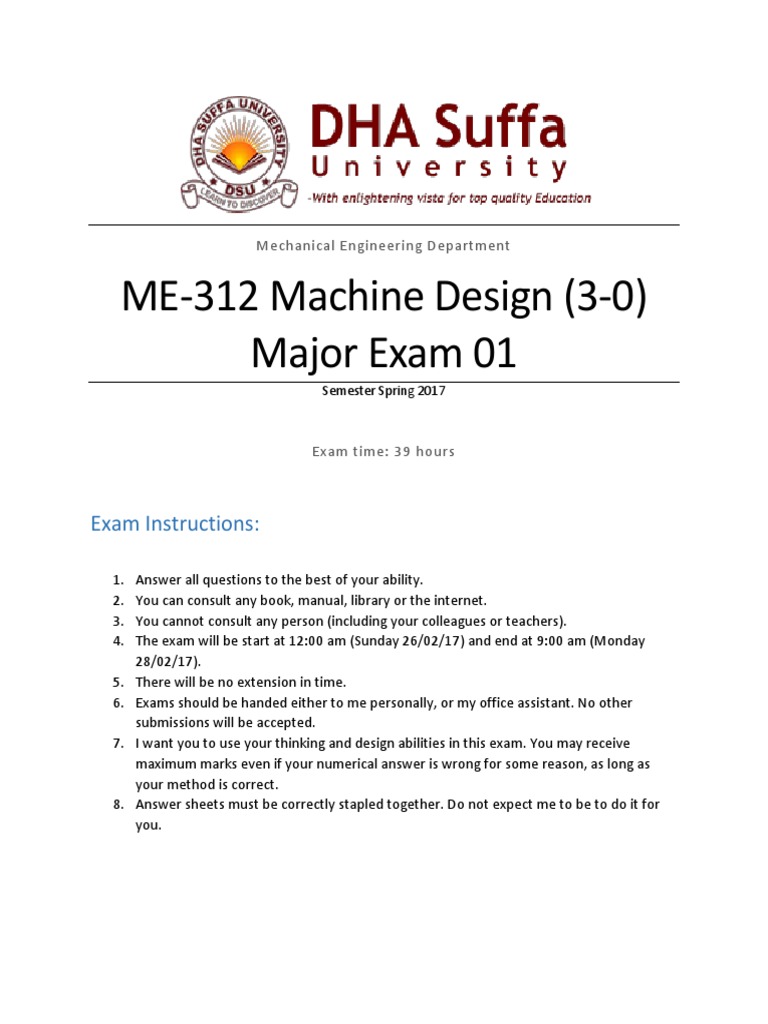 ME-312 Machine Design (3-0) Major Exam 01 | PDF