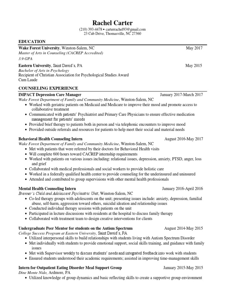 Rachel Carter's Counseling CV | PDF | Psychotherapy | Mental Health