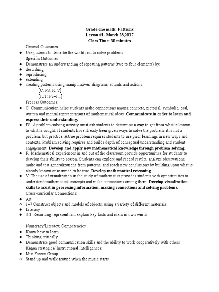 Grade One Math: Patterns Lesson #1-March 28,2017 Class Time: 30 Minutes ...