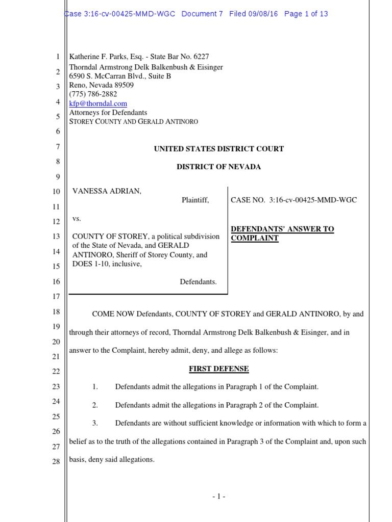 Vanessa Adrian Vs Storey County Court Complaint | PDF | Complaint | Damages
