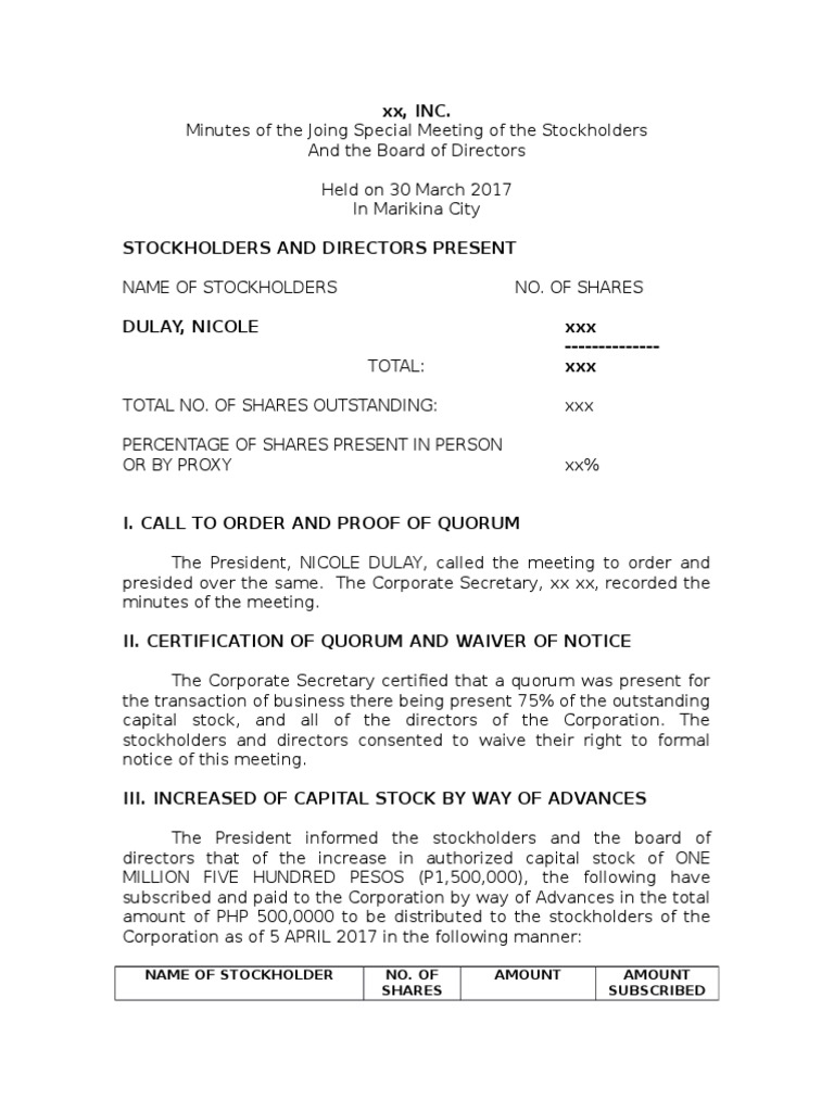 MOM Sample | PDF | Board Of Directors | Stocks