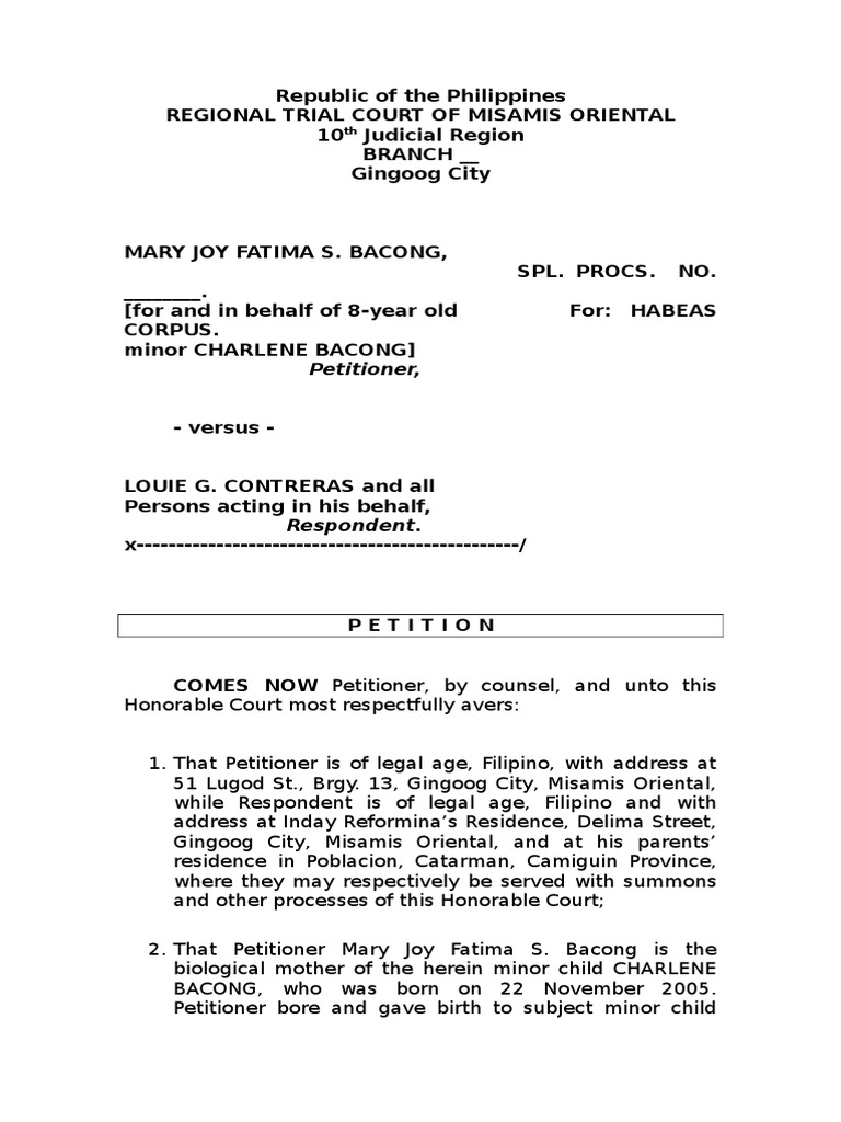 Petition For Writ of Habeas Corpus Sample | PDF | Habeas Corpus | Justice