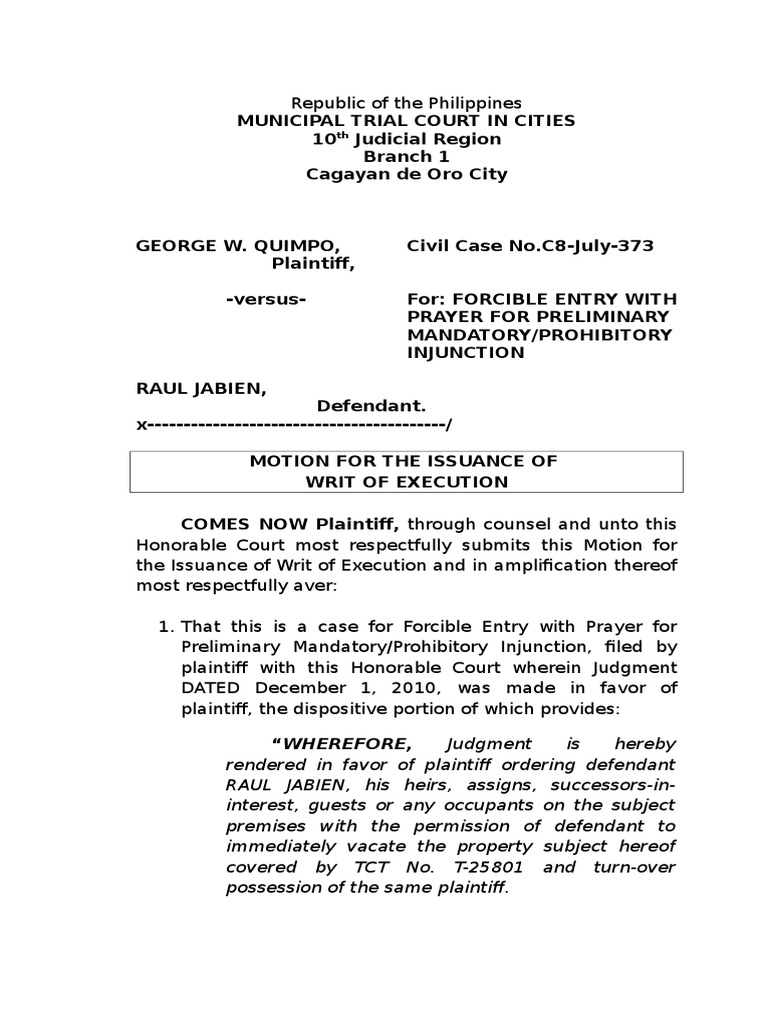 Motion For Issuance of Writ of Execution Sample | PDF | Lawsuit ...