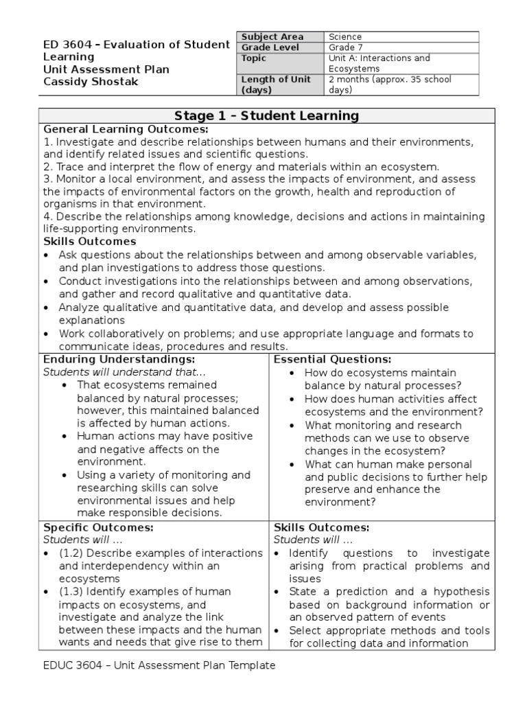 Unit Assessment Plan - Unit A Grade 7 | PDF | Educational Assessment ...